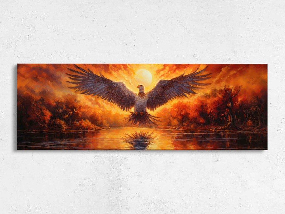 Panoramic Phoenix Bird Over A Lake, Stunning Sunset, Framed Canvas ...