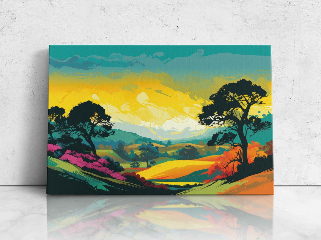 Colorful Pop Art Summer Landscape, Colorful Rolling Hills, Digital ...
