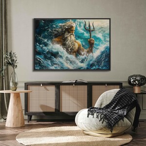 Poseidon Holding Trident Standing in Crashing Oceans Waves Wall Art ...