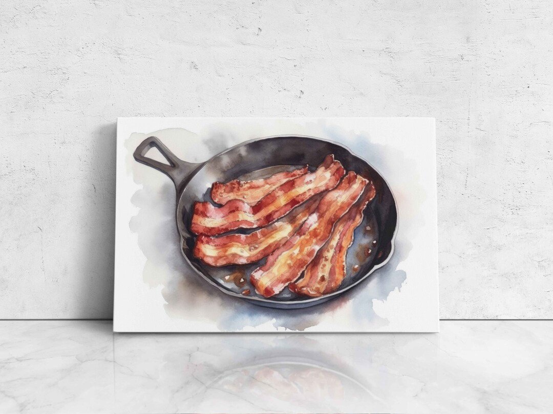 Watercolor Painting of Bacon in A Pan, Canvas Wall Art, Ready to Hang ...