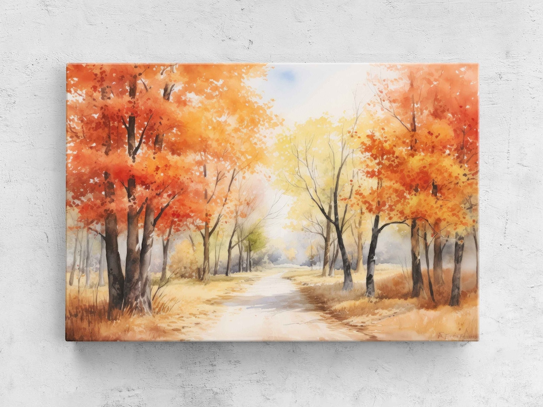 Calm Vibrant Woody Walkway Watercolor Painting, Autumn Trees Fall ...