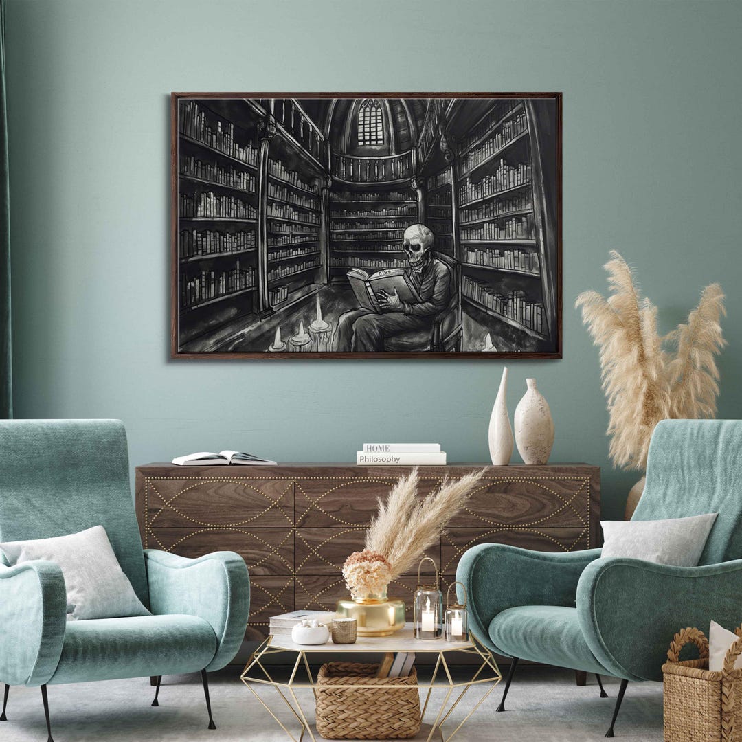 Skeleton in Library Reading by Candlelight Ink Art Painting Wall Art ...