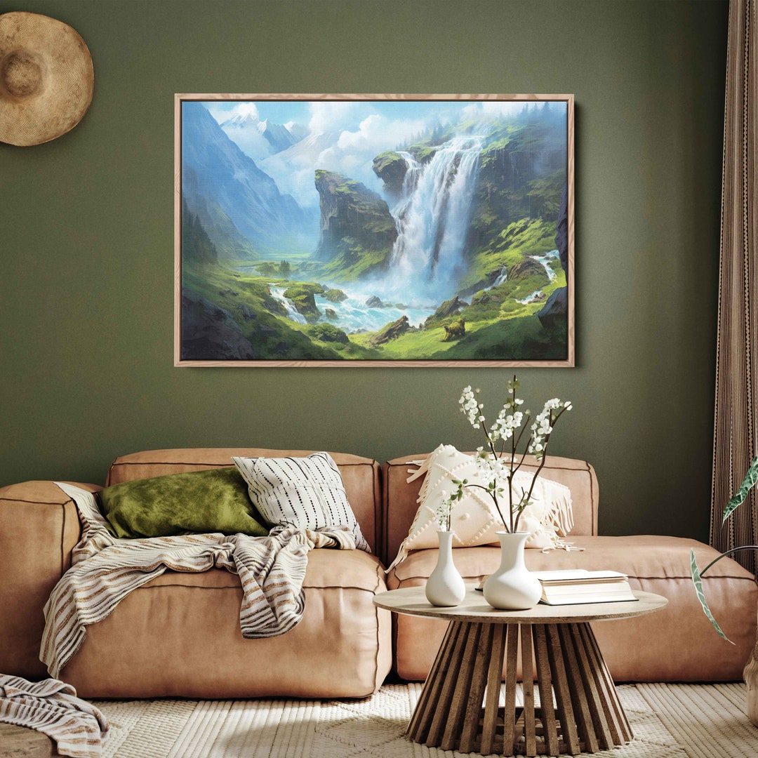Beautiful Roaring Waterfall Landscape Painting, Framed Canvas Print ...