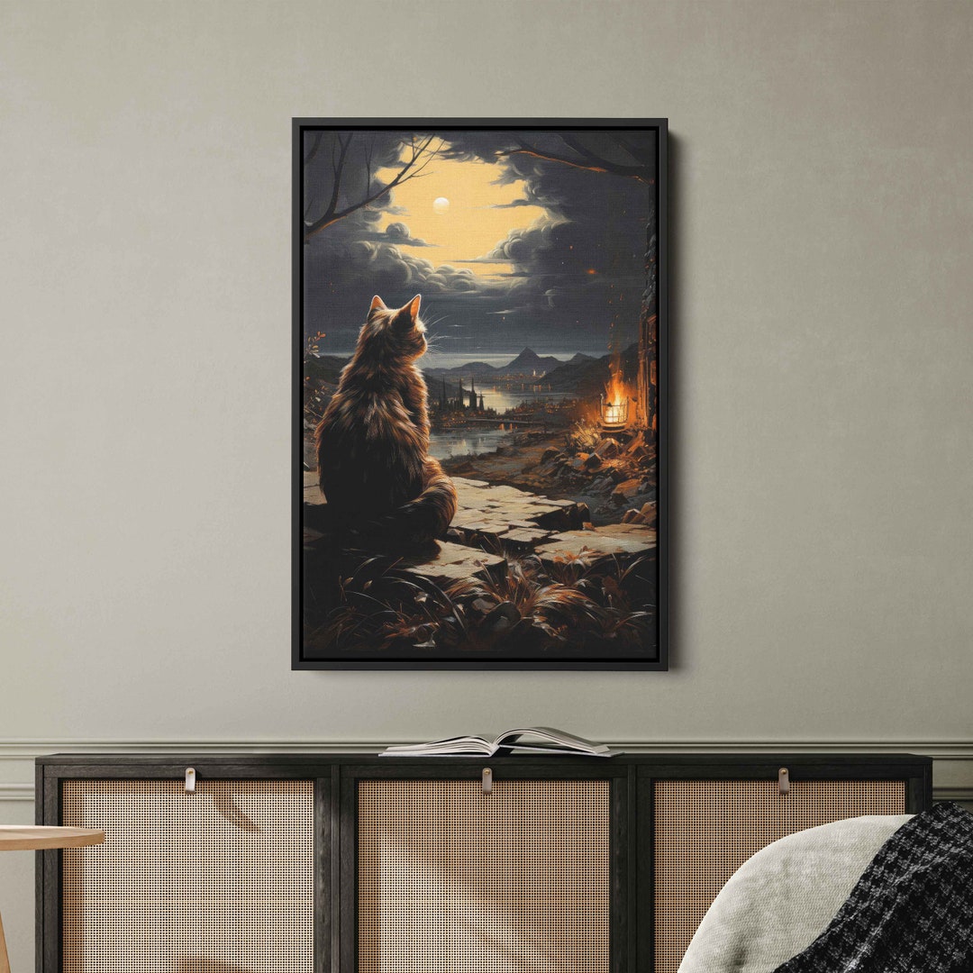 Cat Watching Over City, Wall Art, Acrylic Painting, Framed Canvas Print ...