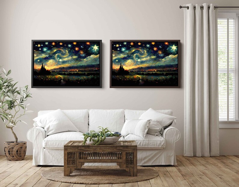 Starry Night Sky Landscape Painting, Digital Print on Ready-to-hang ...
