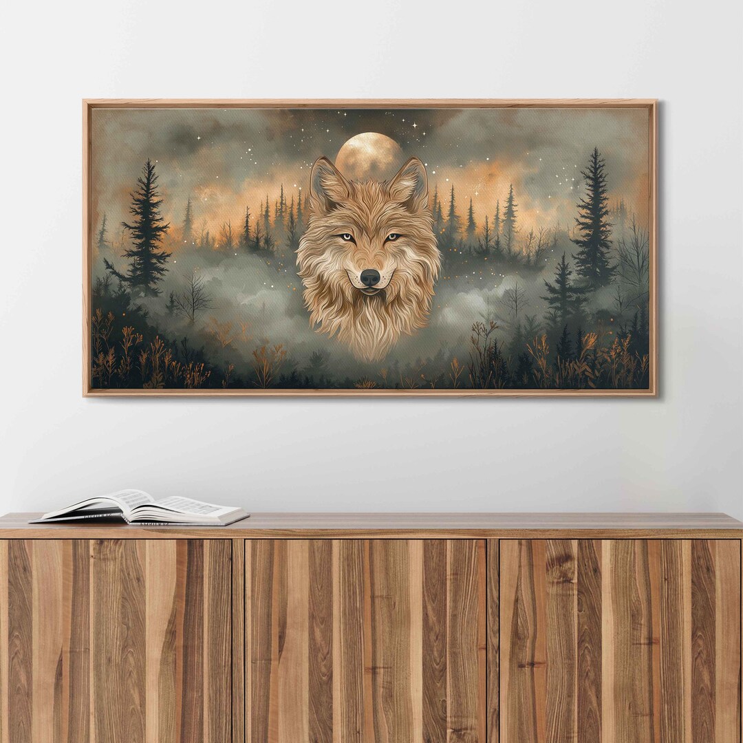 Lunar Wolf, Wall Art Canvas Print, Whimsical Folklore, Foggy Woodland ...
