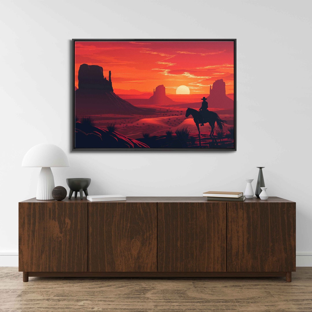 Cowbow Riding Horse in the Sunset, Vibrant Color, Desert Biome, Canvas ...