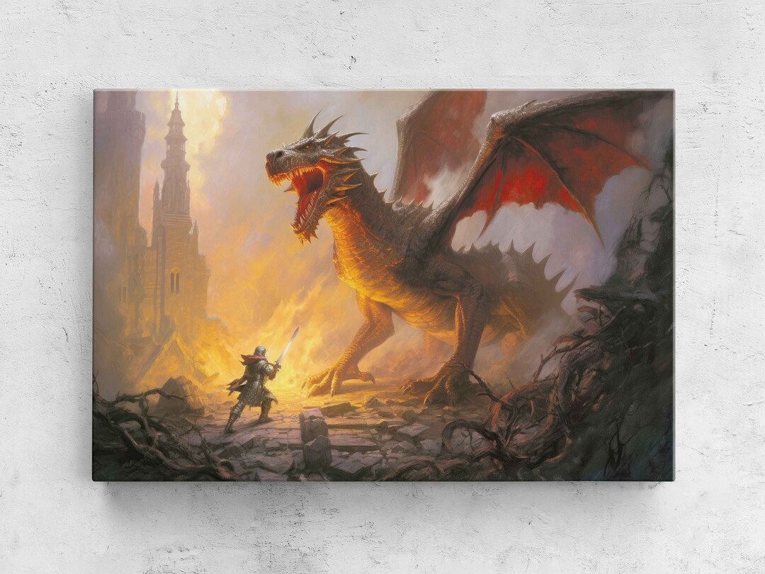 Dragon Slayer Knight Painting Framed Canvas Print Ready to - Etsy