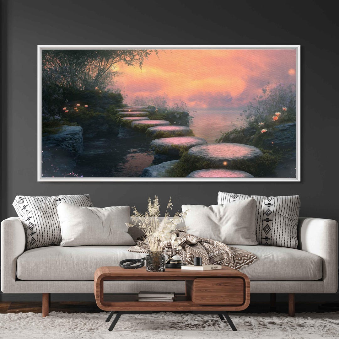 Mystical Floating Stepping Stones, Wall Art Canvas Print, Coral Sunset ...