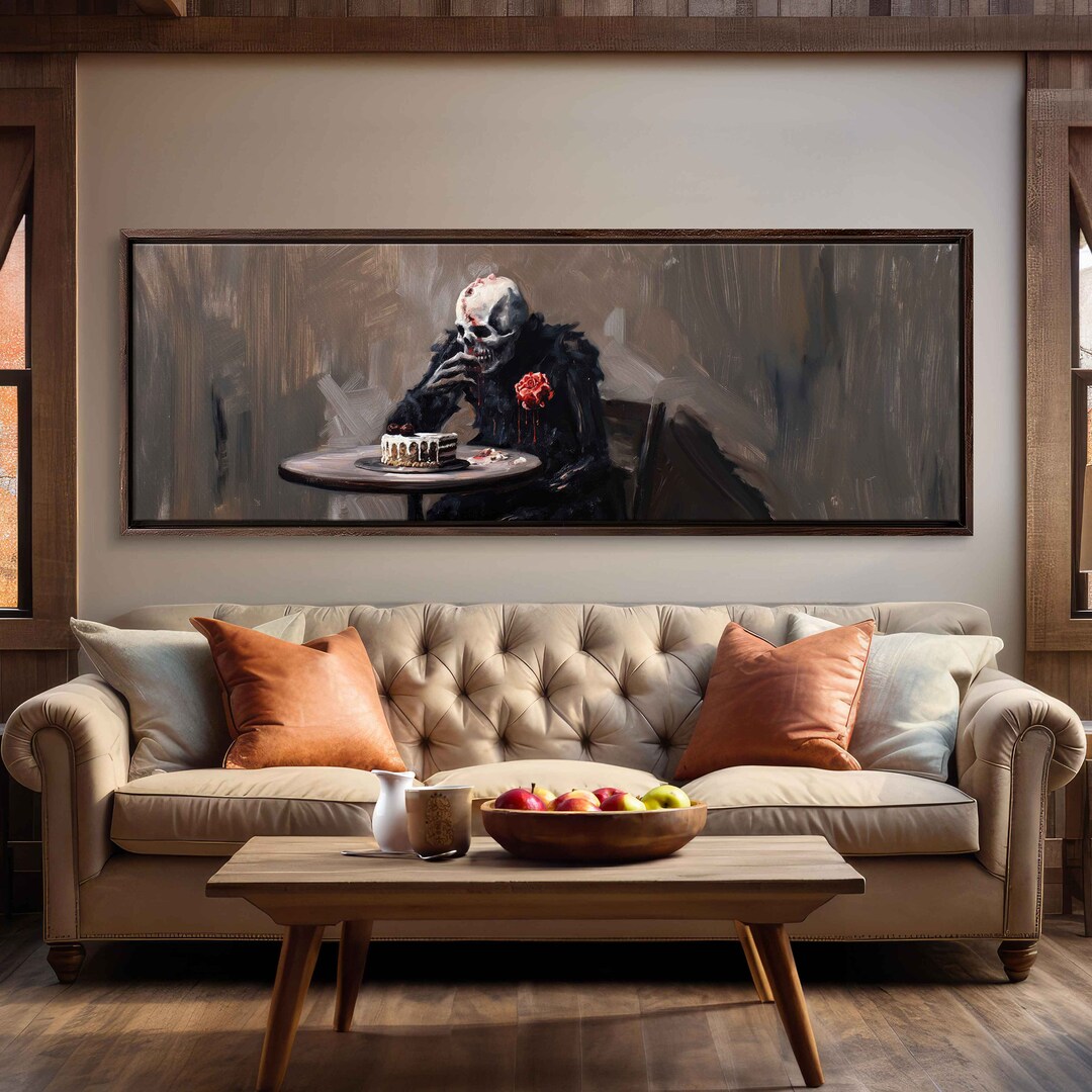 Skeleton Eating Slice of Cake at Small Table Oil Painting Wall Art ...