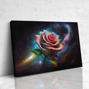 Stunning Oil Painting of A Rose in Space, Fantasy Wall Art, Sparkling ...