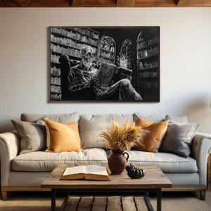 Skeleton in Library Reading Book Ink Art Painting Wall Art Canvas Print ...