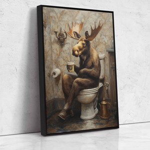 Moose Sitting on Toilet, Wall Art Canvas Print, Whimsical Vintage Style ...