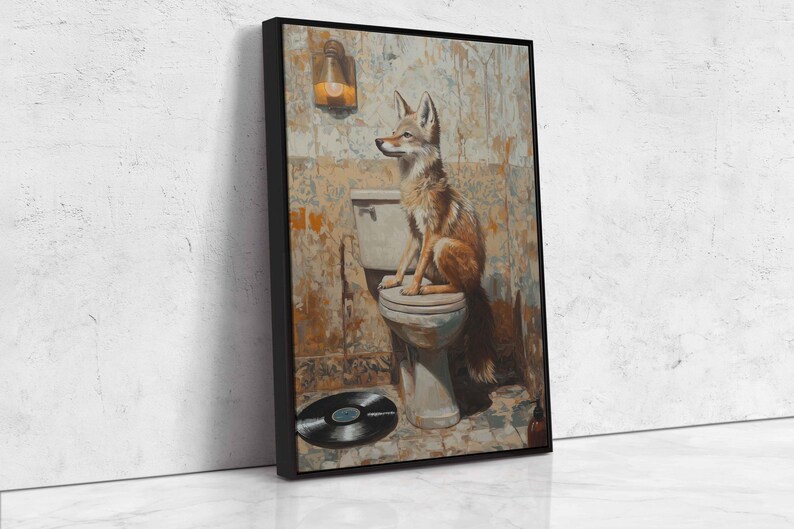Coyote Sitting on Toilet in Vintage Bathroom Wall Art Canvas Print ...