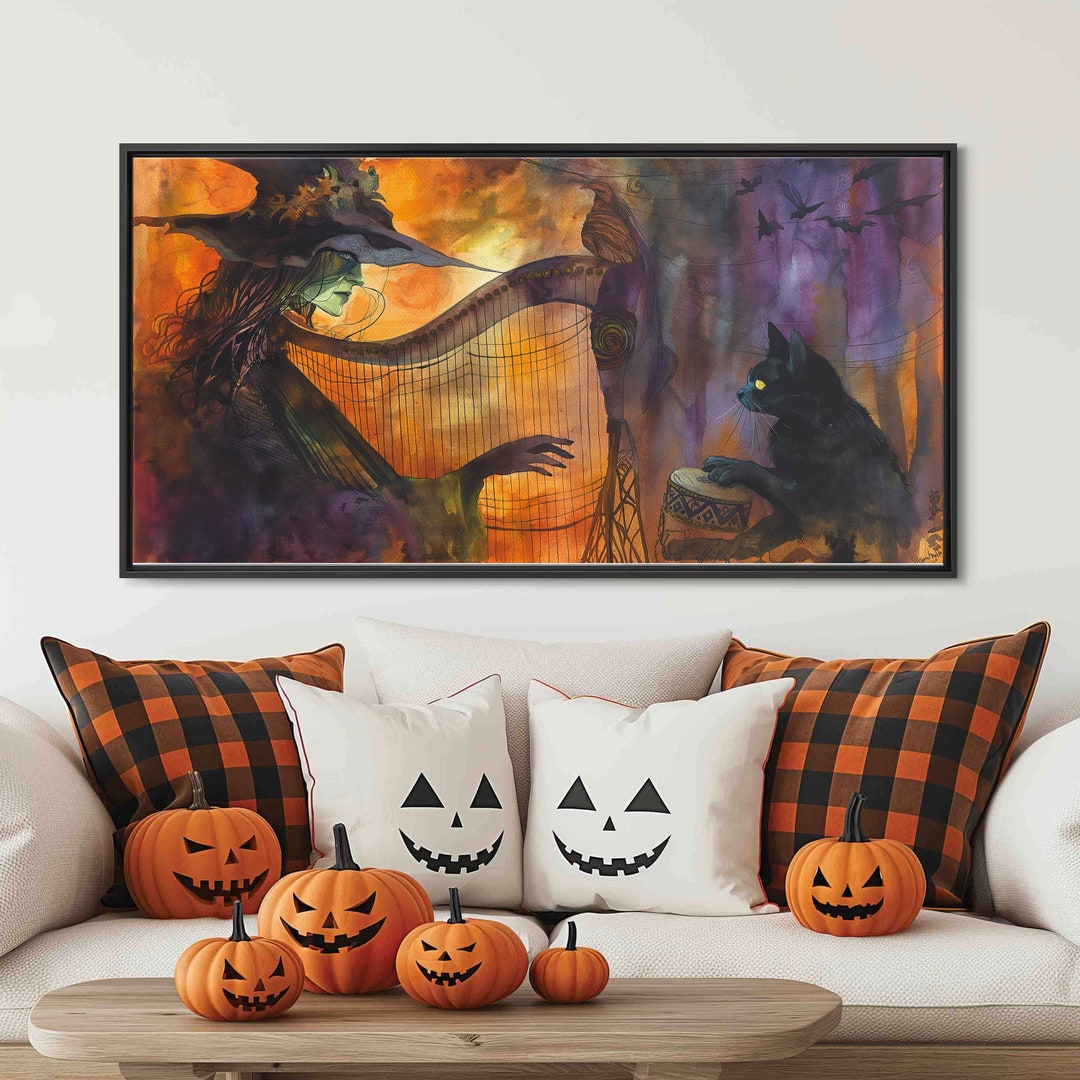 Witch Playing the Harp With Black Cat Tapping Tambourine Wall Art ...