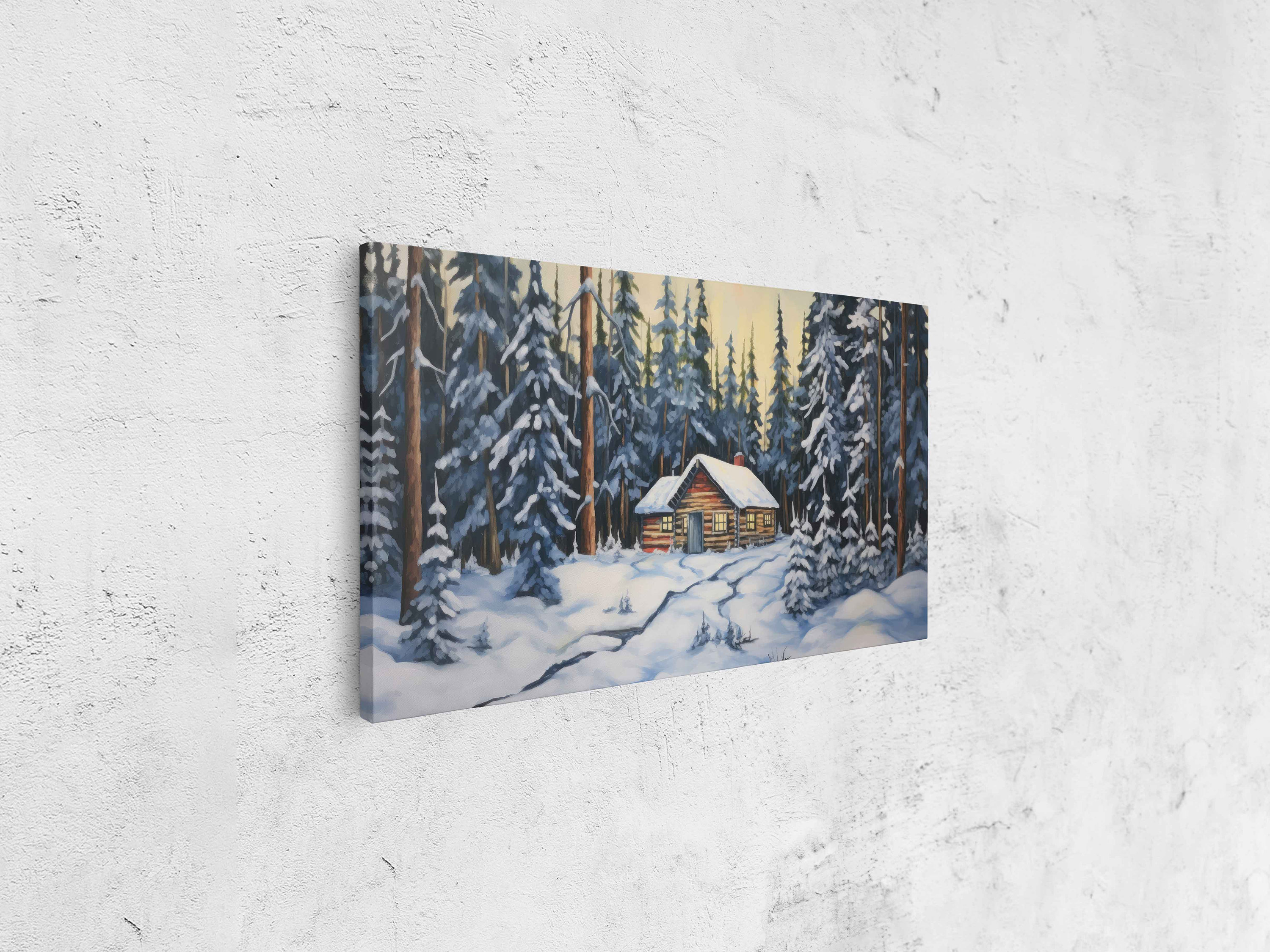Snowy Log Cabin Landscape Painting Framed Canvas Print Ready - Etsy
