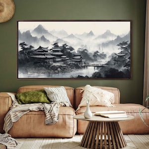 Japanese Ink Wash Monochrome Painting, Black and White, Framed Canvas ...