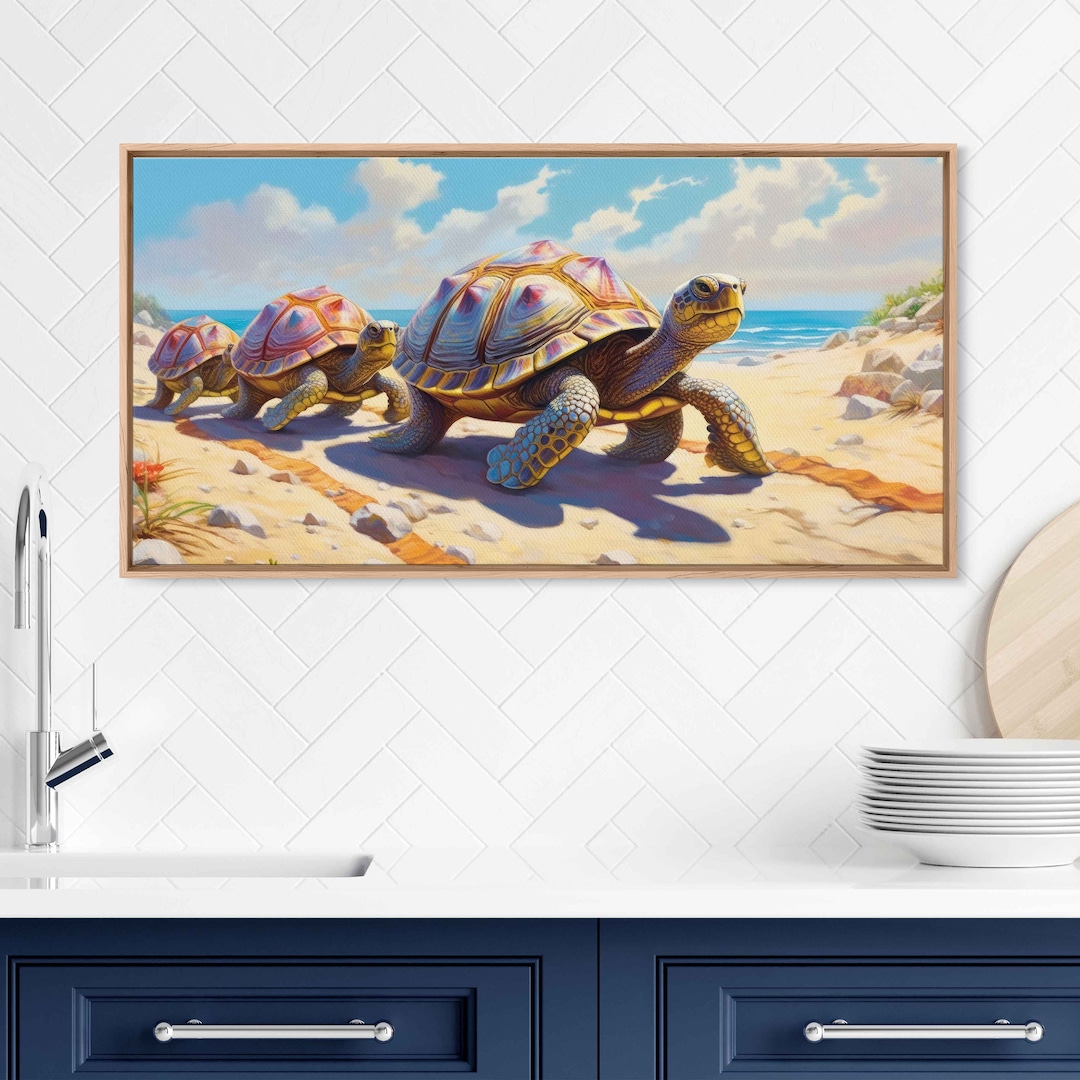 Turtles Walking on Beach Oil Painting, Framed Canvas Print, Ready to ...