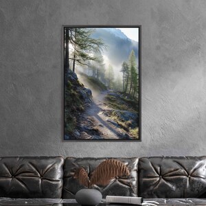Mountain Path Through Sunlit Misty Forest, Canvas Wall Art Print, Ready ...