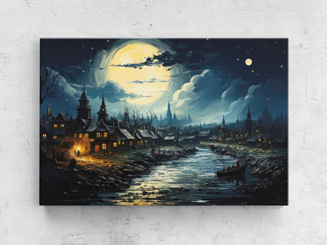 Spooky Moonlit Village Van-gogh Inspired Painting, Framed Canvas Print, Ready to Hang - Etsy