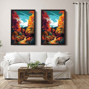 Vibrant Autumn Pop Art Landscape, Digital Illustration on Canvas, Fall ...