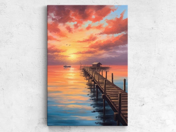 Colorful Dock Canvas Painting Sunset Pier Canvas Painting 40x30 With