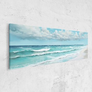 Calm Ocean Waves on Sandy Beach, Cloudy Skies, Panoramic Painting ...