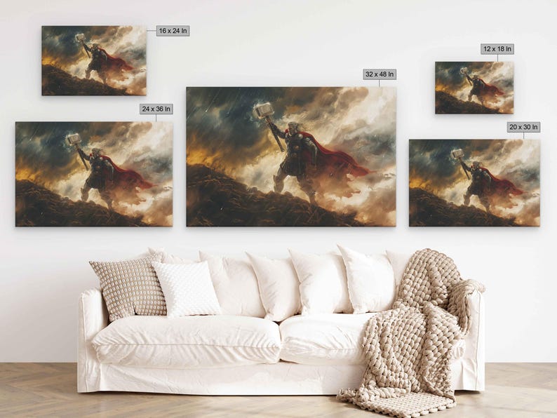 Thor Holding Mjolnir Standing in Stormy Sky Wall Art Canvas Print ...