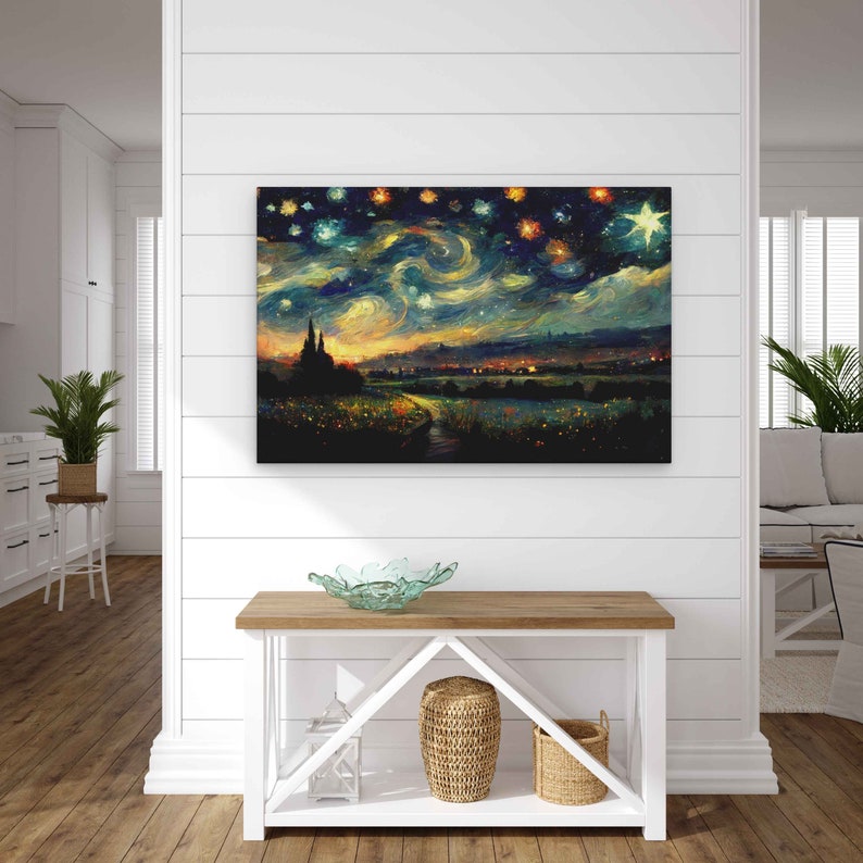 Starry Night Sky Landscape Painting, Digital Print on Ready-to-hang ...