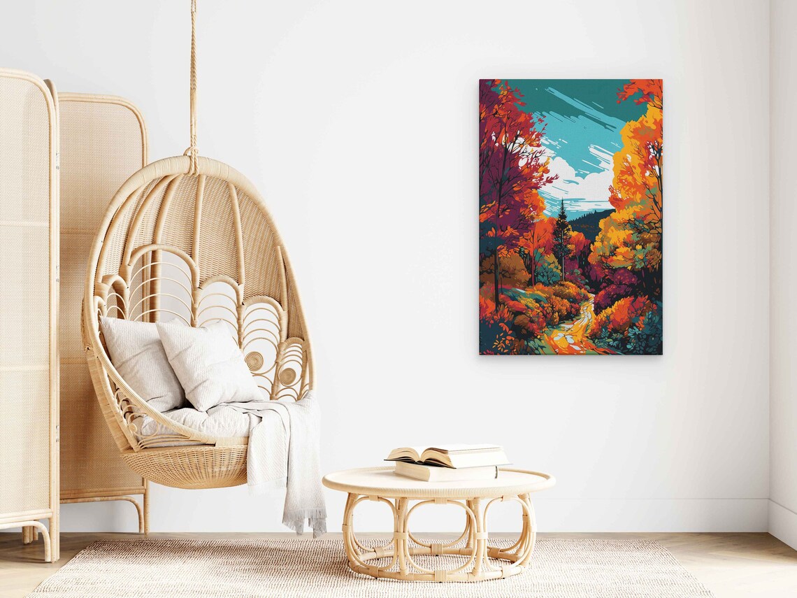 Vibrant Autumn Pop Art Landscape, Digital Illustration on Canvas, Fall ...