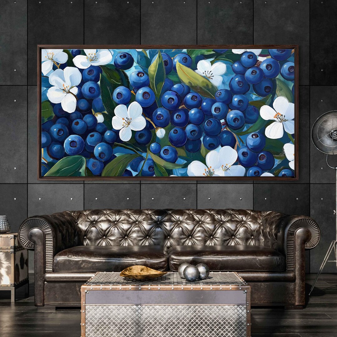 Bright Blueberries and Flowers Wall Art Canvas Print, Fruit Painting ...