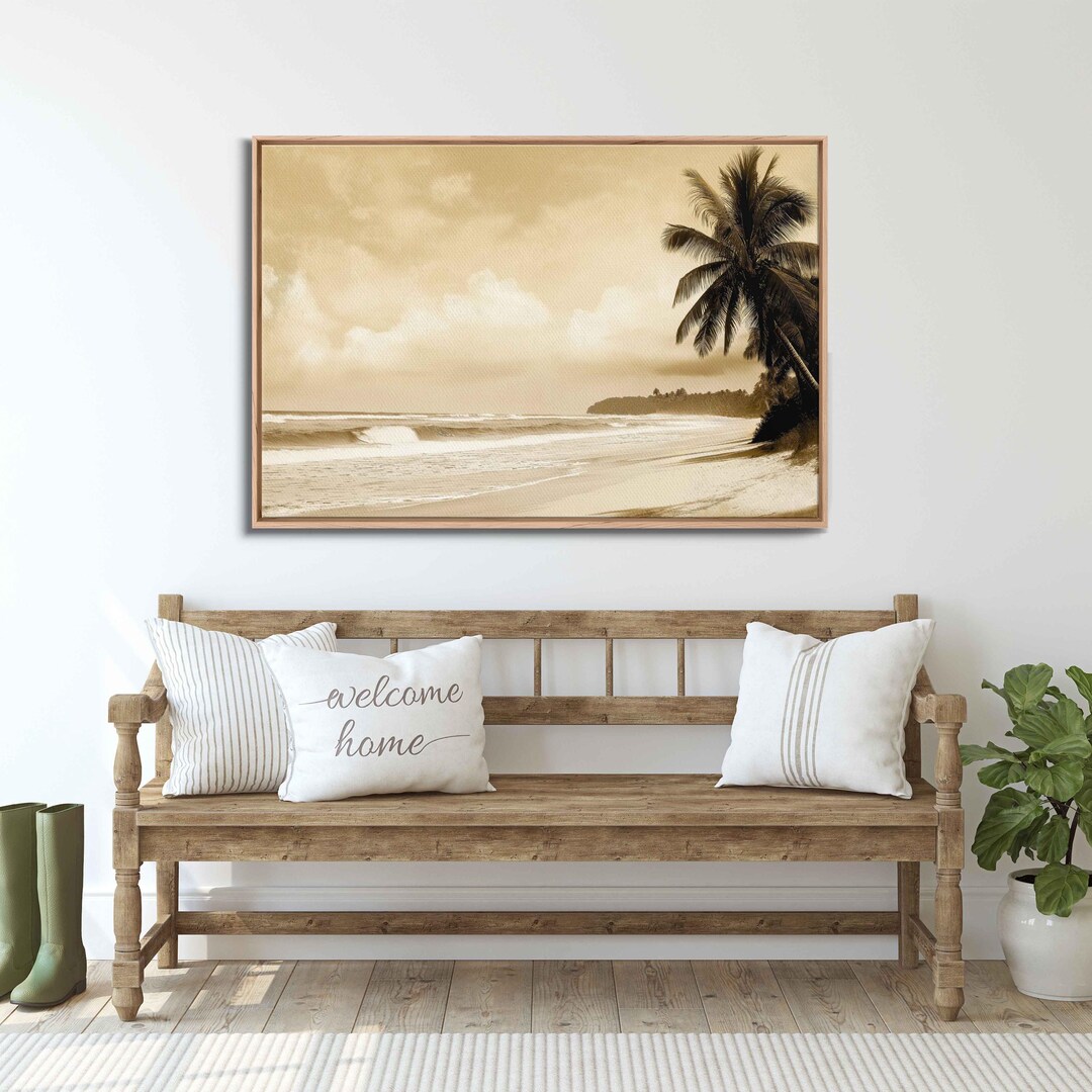 Serene Beach Scene, Wall Art Canvas Print, Vintage Sepia Tones, Surfer ...