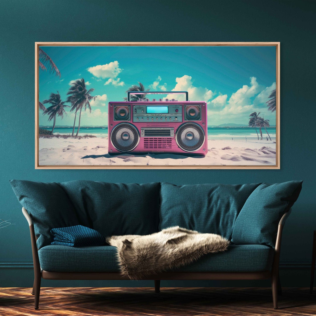 Vintage Boombox Resting in Sand Wall Art Canvas Print, Vacation Vibes ...