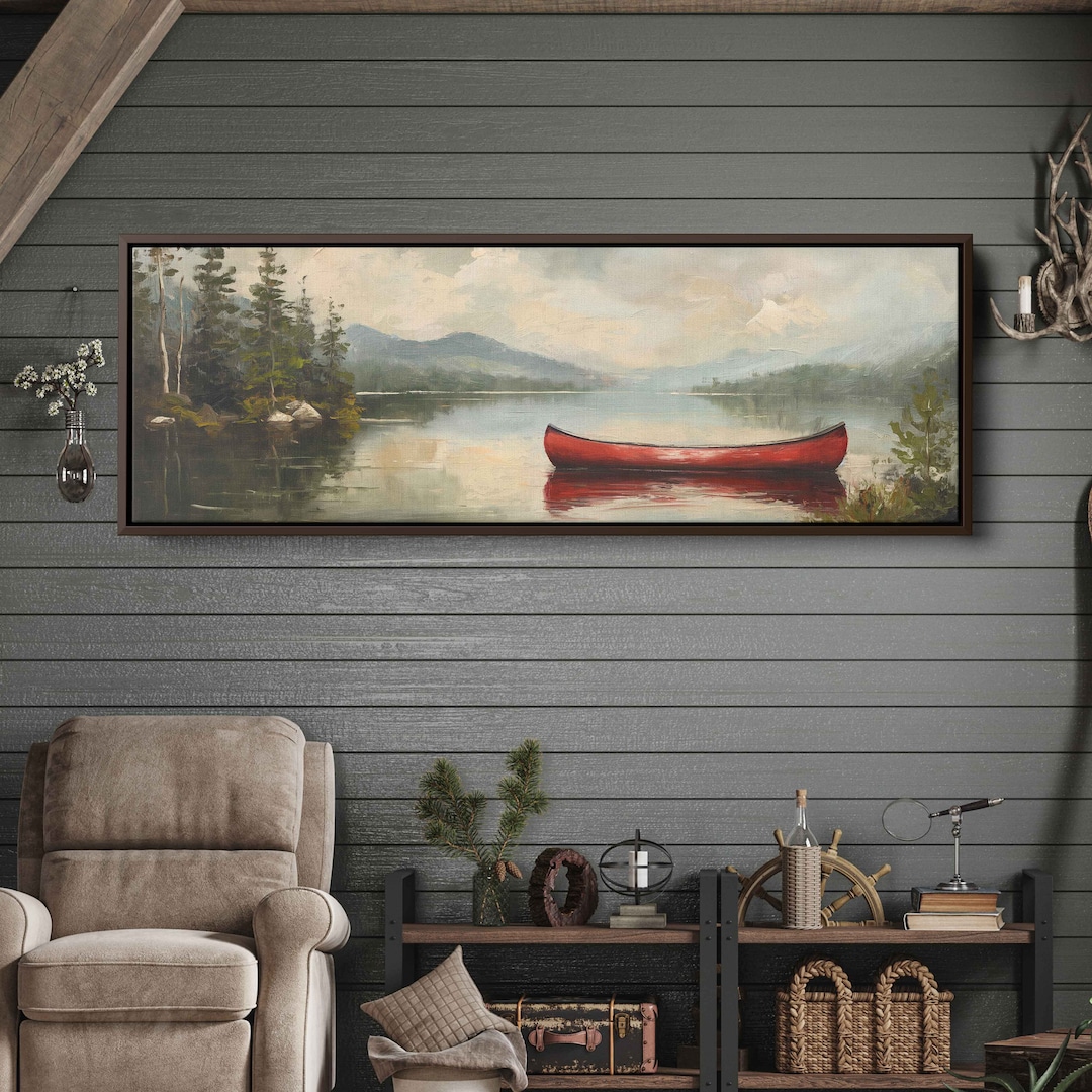 Lone Wooden Red Canoe Floating in Lake Oil Wall Art Canvas Print, Tree ...