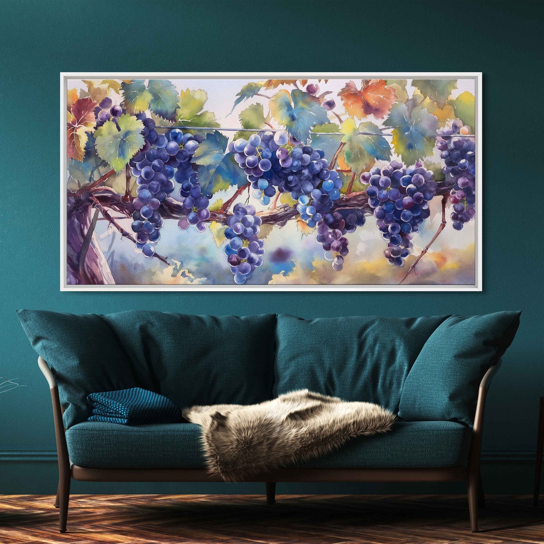 Grapes Hanging on Vine at Vineyard Watercolor Wall Art Canvas Print ...