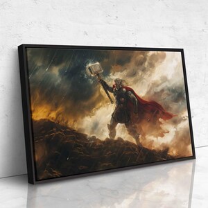 Thor Holding Mjolnir Standing in Stormy Sky Wall Art Canvas Print ...