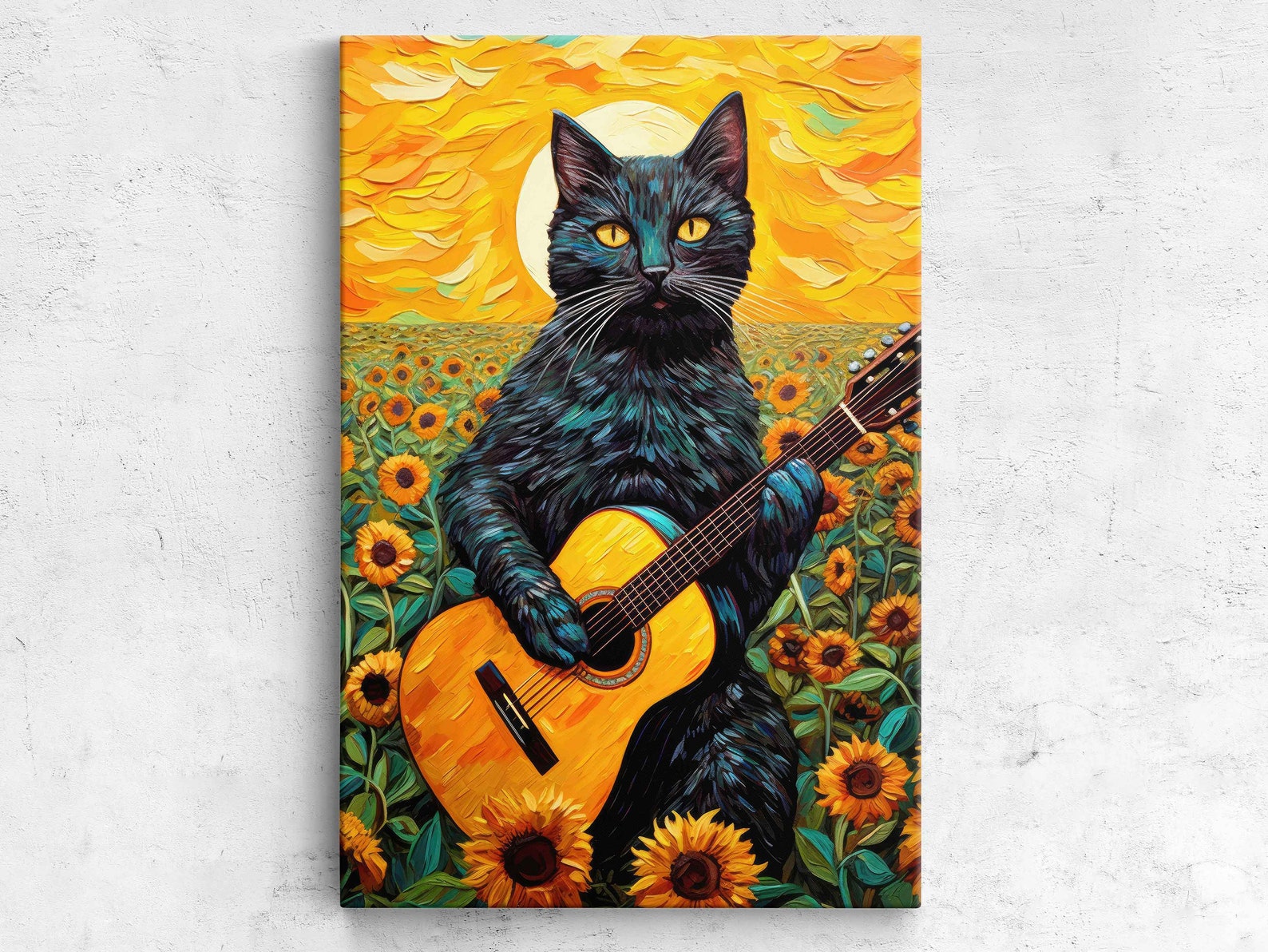 Cat Playing Classical Guitar Painting, Van Gogh Inspired, Framed Canvas ...