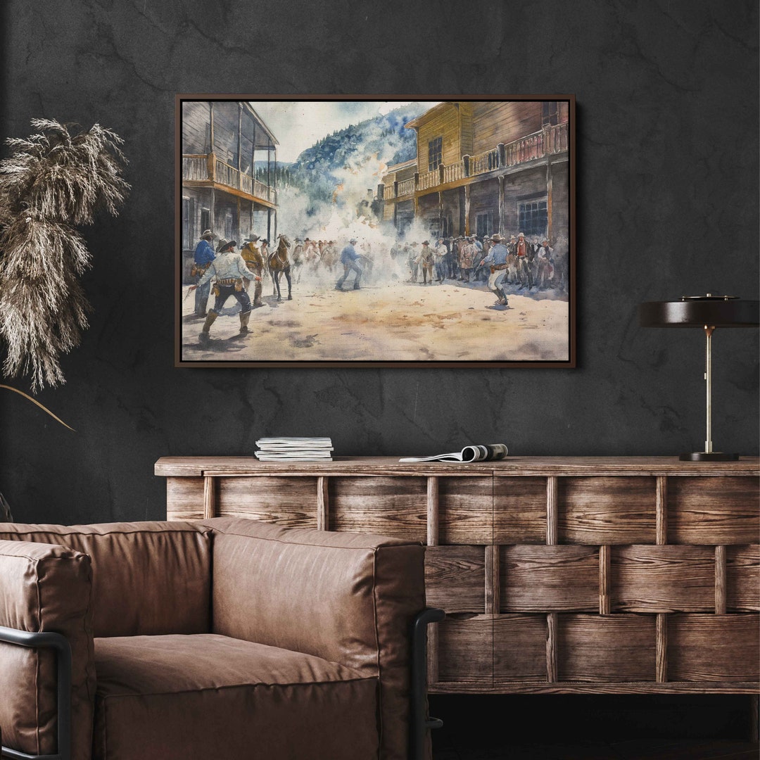 Western Shootout Duel Wall Art Canvas Print, Watercolor Sheriffs ...