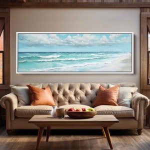 Calm Ocean Waves on Sandy Beach, Cloudy Skies, Panoramic Painting ...