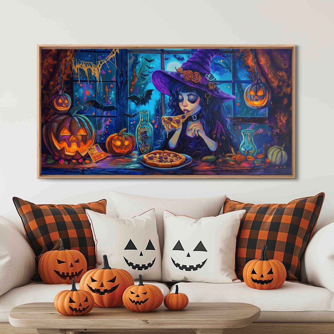 Cartoon Witch Eating Pizza in Cottage With Halloween Decor Wall Art ...