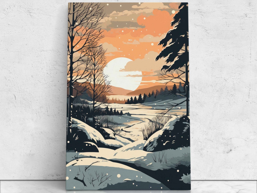Sunset Winter Pop Art Landscape Illustration, Framed Canvas, Ready to ...