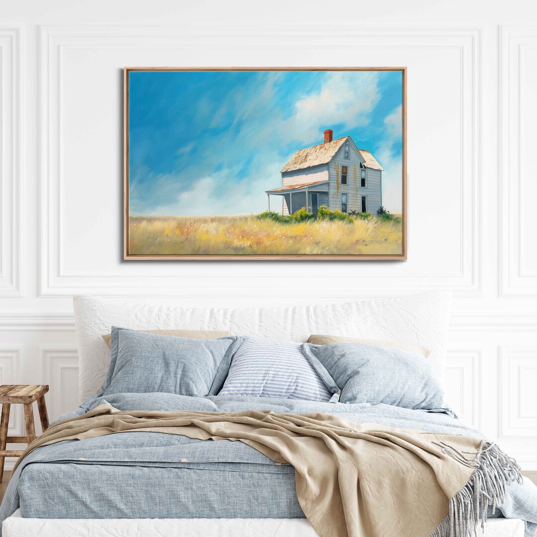 Old Lone Farmhouse in Grassy Field Wall Art Canvas Print, Vintage Farm ...