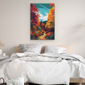 Vibrant Autumn Pop Art Landscape, Digital Illustration on Canvas, Fall ...