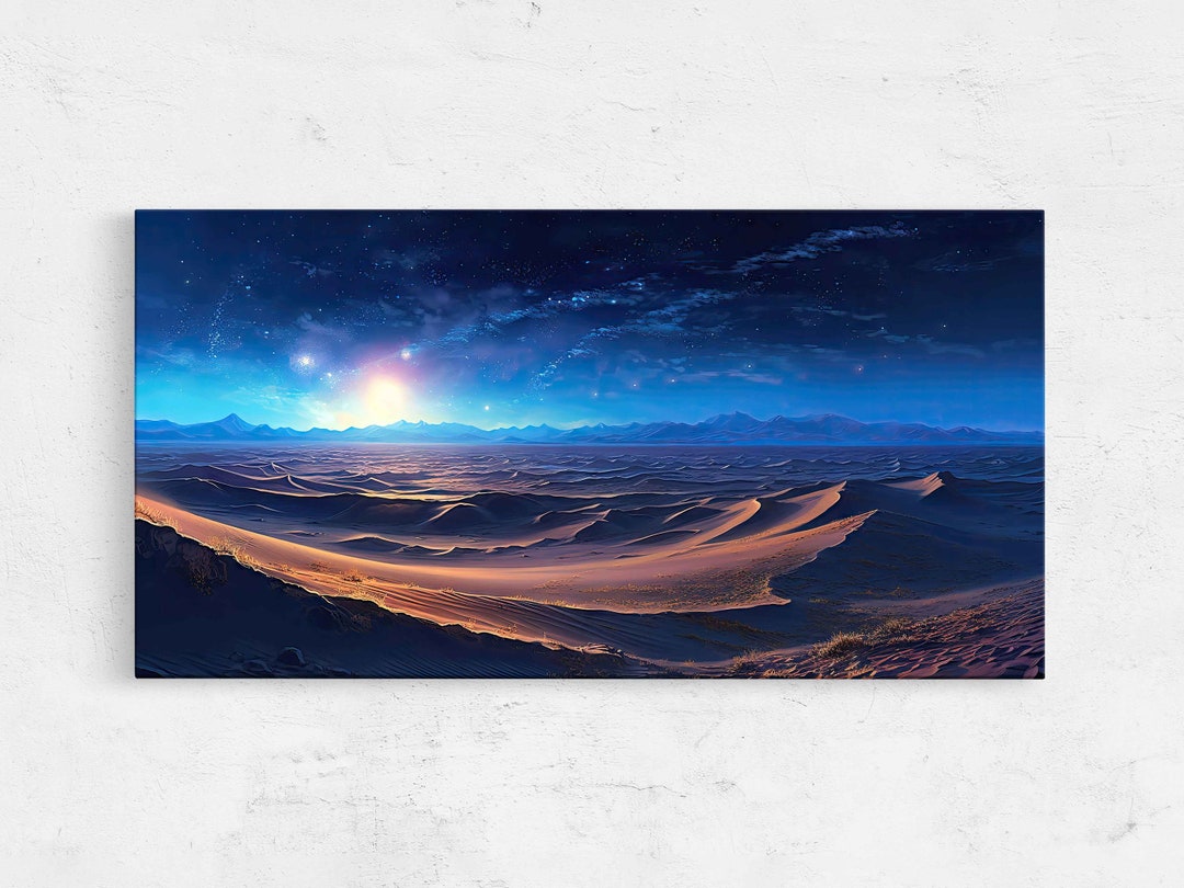 Desert Sand Dunes Starry Night Sky, Vibrant Colors, Framed Canvas Print ...