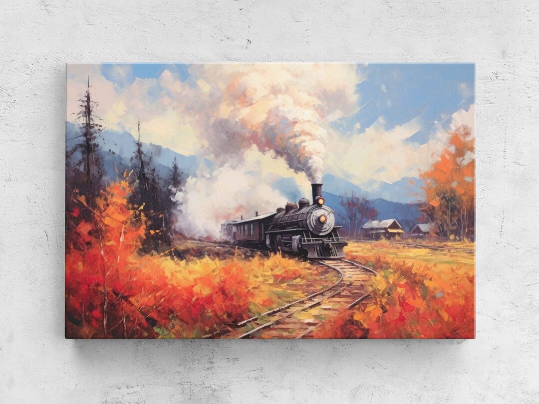 Steam Train Autumn Landscape Painting, Framed Canvas Print, Ready to ...