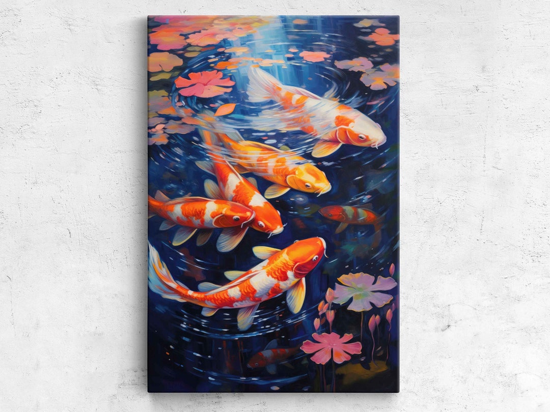 Koi Fish Pond Canvas Wall Art, Digital Painting Print, Framed Canvas ...