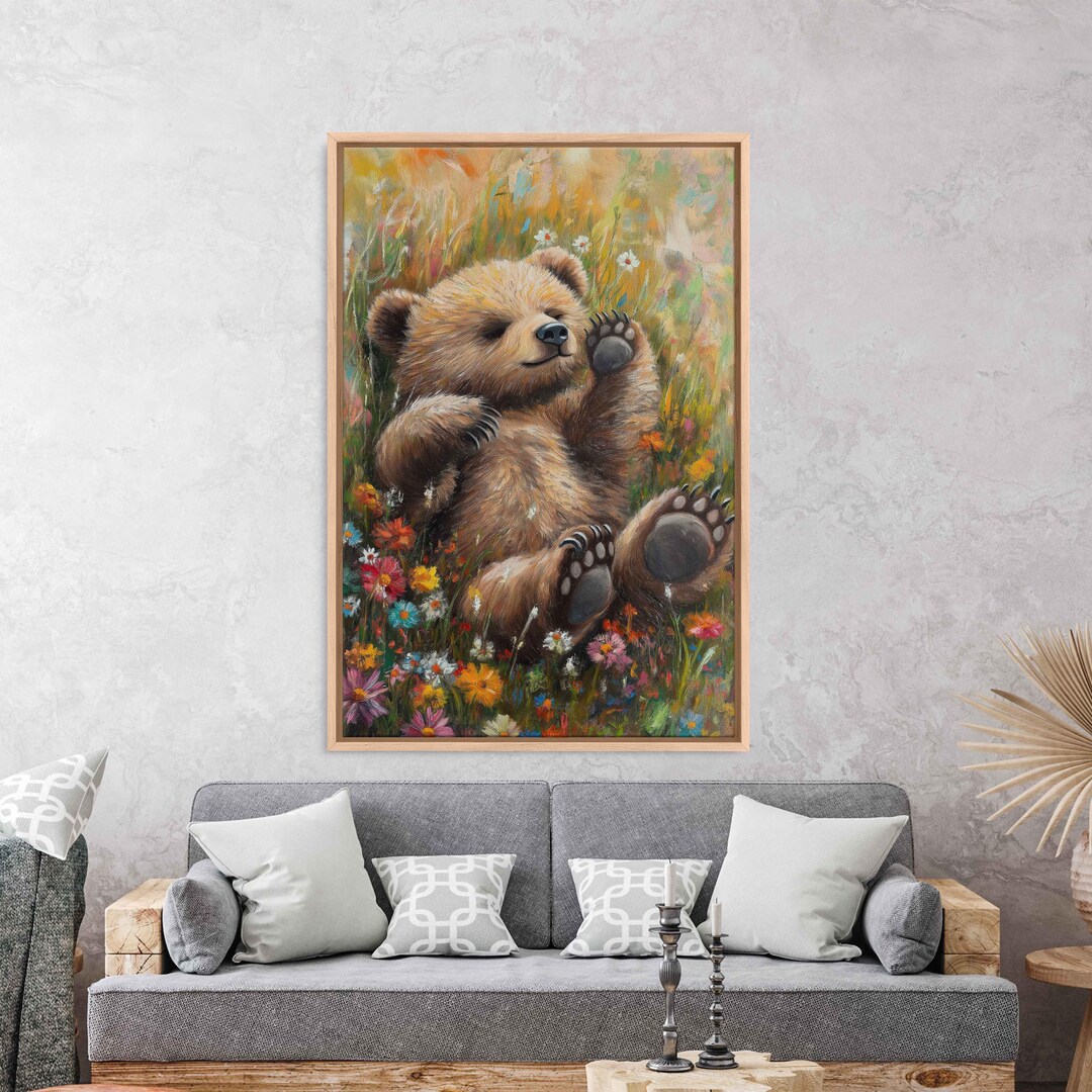 Playful Grizzly Bear Cub, Wall Art Canvas Print, Colorful Wildflowers ...