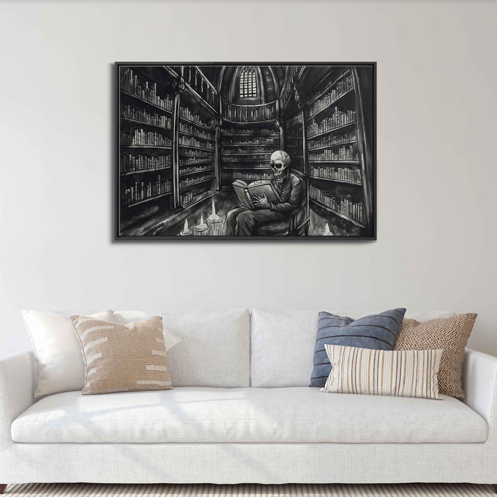 Skeleton in Library Reading by Candlelight Ink Art Painting Wall Art ...