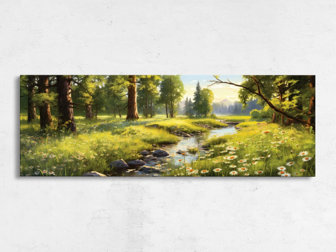 Panoramic Stream Running Through Forest, Bright Colors, Framed Canvas ...
