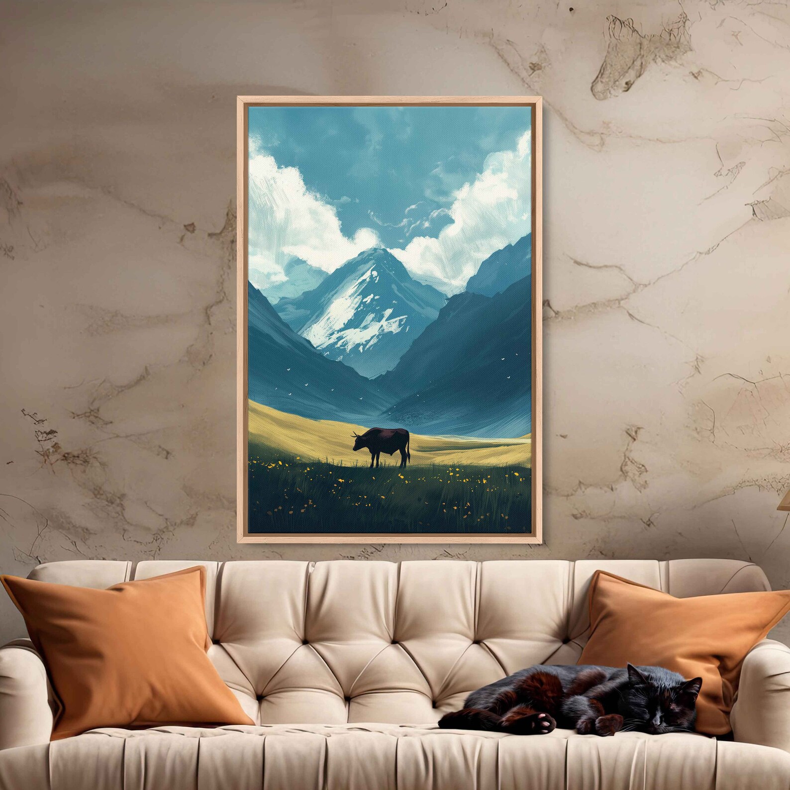 Lone Steer in Grassy Valley Amidst A Snowy Mountain Range Wall Art ...